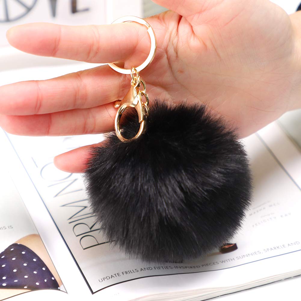 Soleebee Soft Artificial Rabbit Fur Keychain Plush Ball Key Ring Cute Pom Pom Bag Charm for Women Girls (Black)