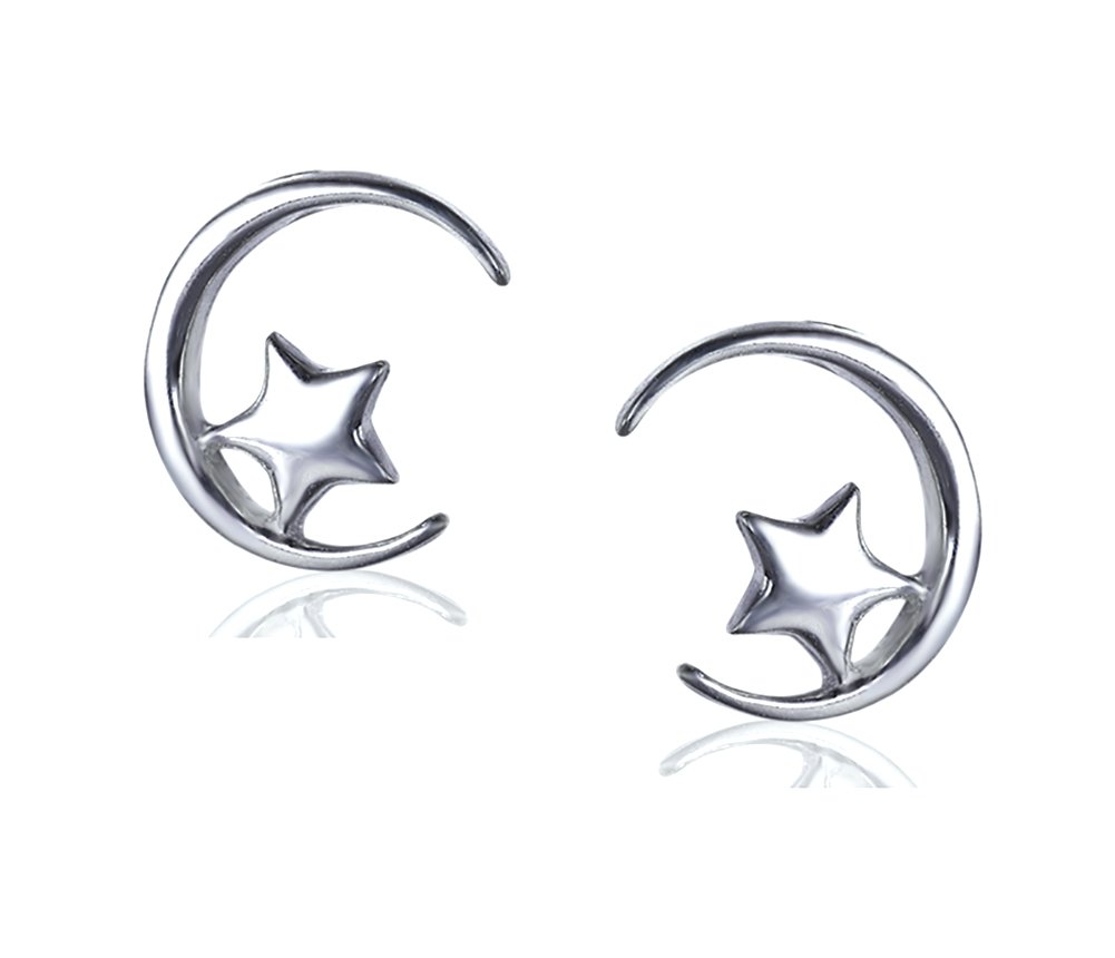 FarryDream Genuine 925 Sterling Silver Star Moon Studs Earrings for Women Christmas Gifts