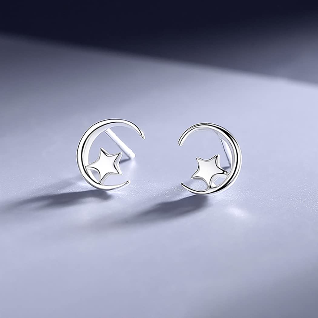 FarryDream Genuine 925 Sterling Silver Star Moon Studs Earrings for Women Christmas Gifts