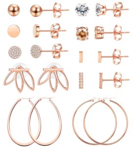 loyallook 10 pairs rose gold cz bar stud earrings set for women stainless steel earring lotus flower ear jacket stud hoop earring women cartilage earring set