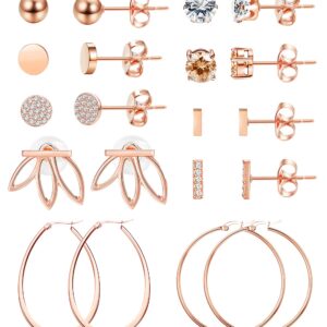 LOYALLOOK 10 Pairs Rose Gold CZ Bar Stud Earrings Set for Women Stainless Steel Earring Lotus Flower Ear Jacket Stud Hoop Earring Women Cartilage Earring Set