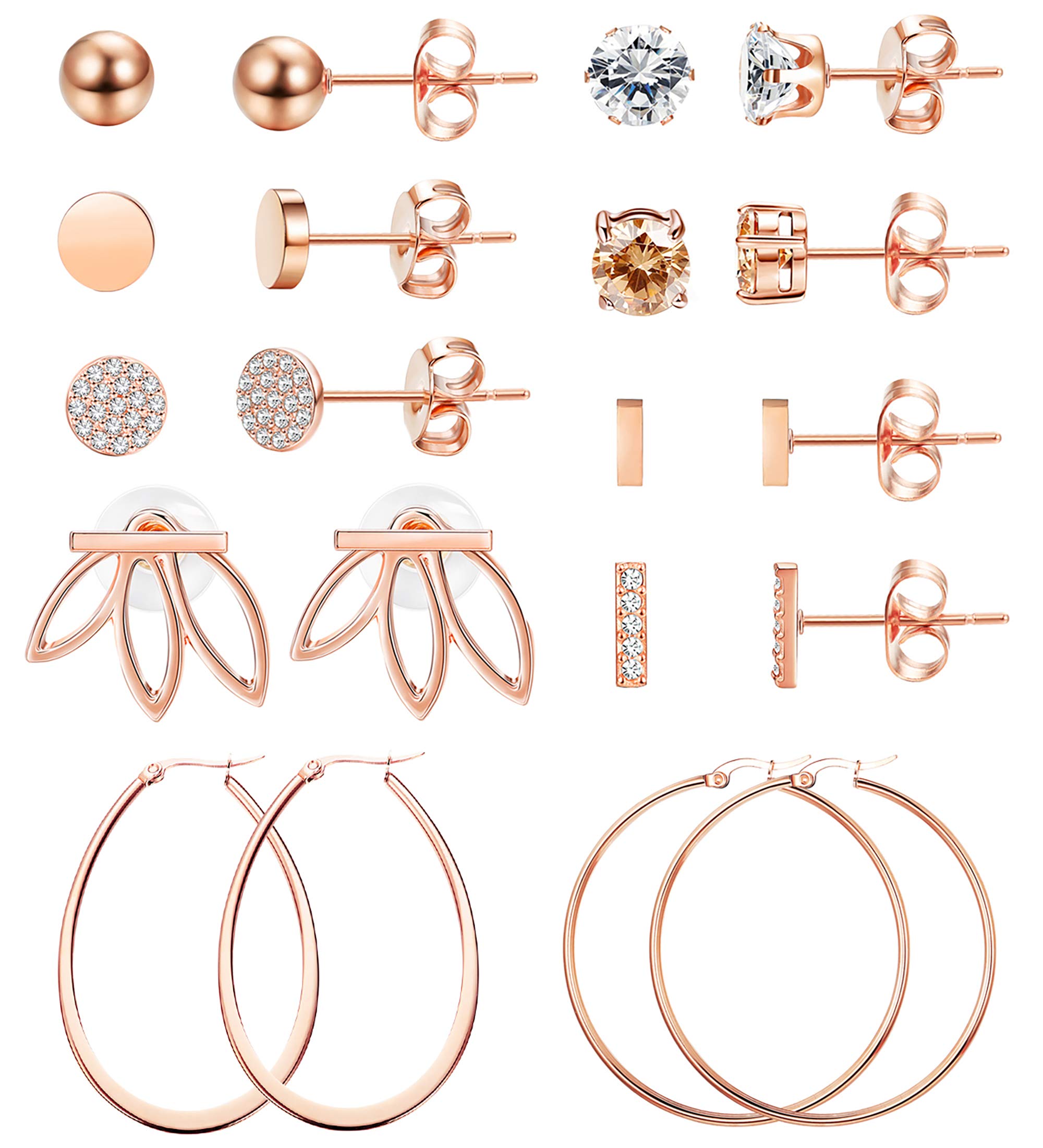 LOYALLOOK 10 Pairs Rose Gold CZ Bar Stud Earrings Set for Women Stainless Steel Earring Lotus Flower Ear Jacket Stud Hoop Earring Women Cartilage Earring Set