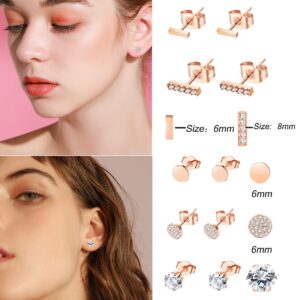 LOYALLOOK 10 Pairs Rose Gold CZ Bar Stud Earrings Set for Women Stainless Steel Earring Lotus Flower Ear Jacket Stud Hoop Earring Women Cartilage Earring Set