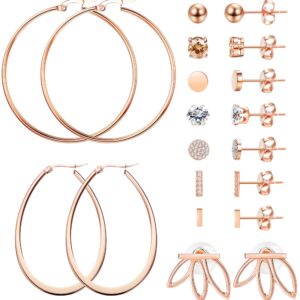 LOYALLOOK 10 Pairs Rose Gold CZ Bar Stud Earrings Set for Women Stainless Steel Earring Lotus Flower Ear Jacket Stud Hoop Earring Women Cartilage Earring Set