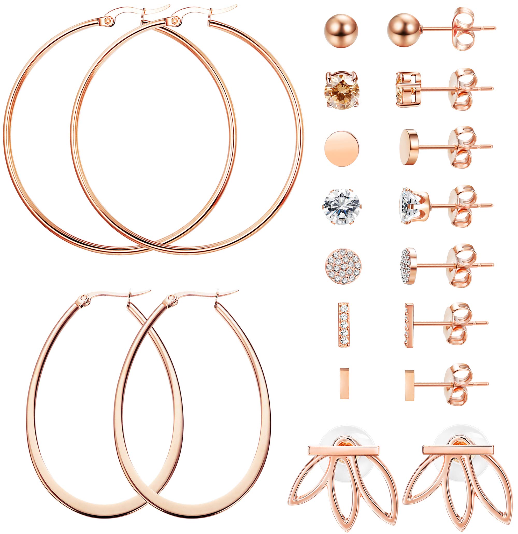 LOYALLOOK 10 Pairs Rose Gold CZ Bar Stud Earrings Set for Women Stainless Steel Earring Lotus Flower Ear Jacket Stud Hoop Earring Women Cartilage Earring Set