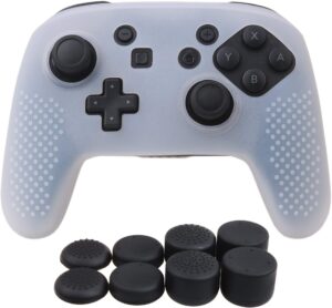 silicone gel rubber protector protective skin case cover + 8pcs joystick grips analog stick caps for nintendo switch pro controller (white)