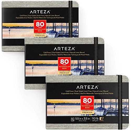 ARTEZA Watercolor Book, Pack of 3, 80 Pages Each, 3.5x5.5 Inch Watercolor Notebook, 110lb/230gsm Water Color Paper