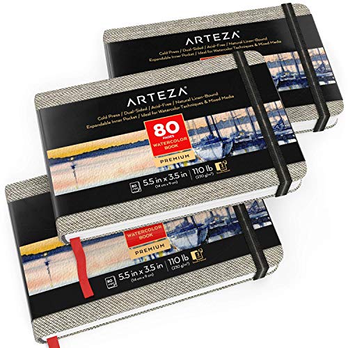 ARTEZA Watercolor Book, Pack of 3, 80 Pages Each, 3.5x5.5 Inch Watercolor Notebook, 110lb/230gsm Water Color Paper