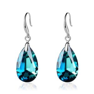 austrian crystal teardrop dangle hook earrings for women 14k gold plated hypoallergenic jewelry (bermuda blue)