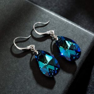 Austrian Crystal Teardrop Dangle Hook Earrings for Women 14K Gold Plated Hypoallergenic Jewelry (Bermuda Blue)