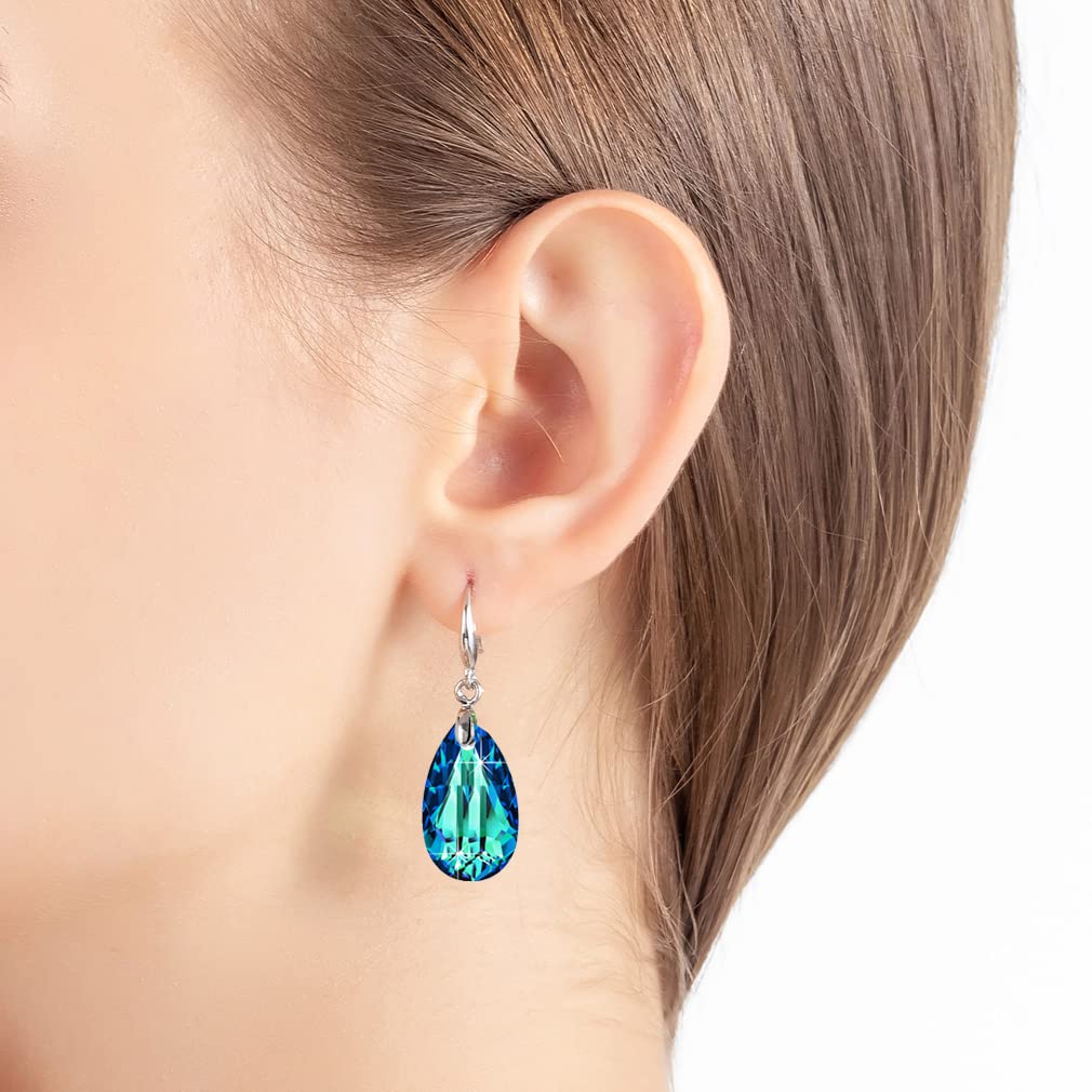 Austrian Crystal Teardrop Dangle Hook Earrings for Women 14K Gold Plated Hypoallergenic Jewelry (Bermuda Blue)