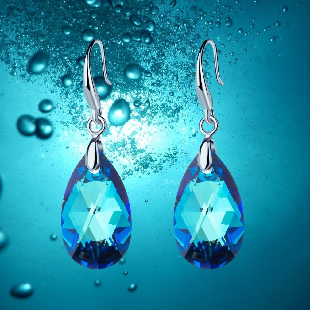 Austrian Crystal Teardrop Dangle Hook Earrings for Women 14K Gold Plated Hypoallergenic Jewelry (Bermuda Blue)