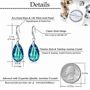 Austrian Crystal Teardrop Dangle Hook Earrings for Women 14K Gold Plated Hypoallergenic Jewelry (Bermuda Blue)