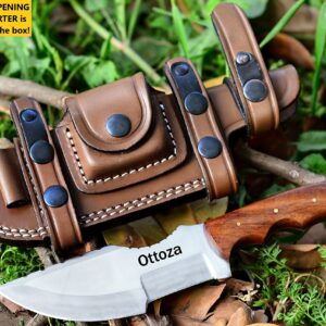 Ottoza Tracker Knife, D2 Steel Fixed Blade Hunting Knife with Wood Handle & Sheath, Full Tang Survival Knife for Men - No:116