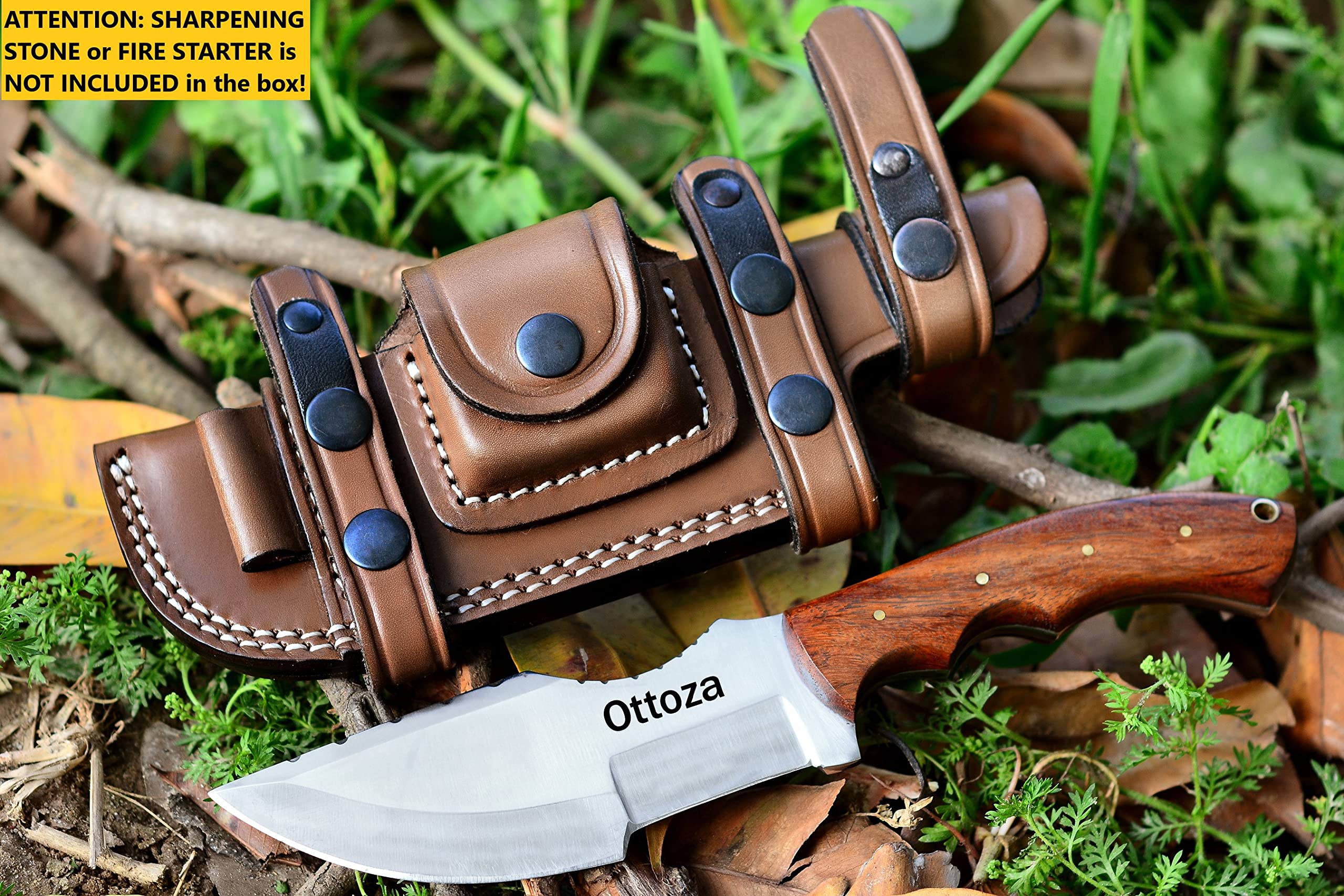 Ottoza Tracker Knife, D2 Steel Fixed Blade Hunting Knife with Wood Handle & Sheath, Full Tang Survival Knife for Men - No:116