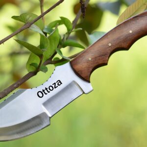 Ottoza Tracker Knife, D2 Steel Fixed Blade Hunting Knife with Wood Handle & Sheath, Full Tang Survival Knife for Men - No:116