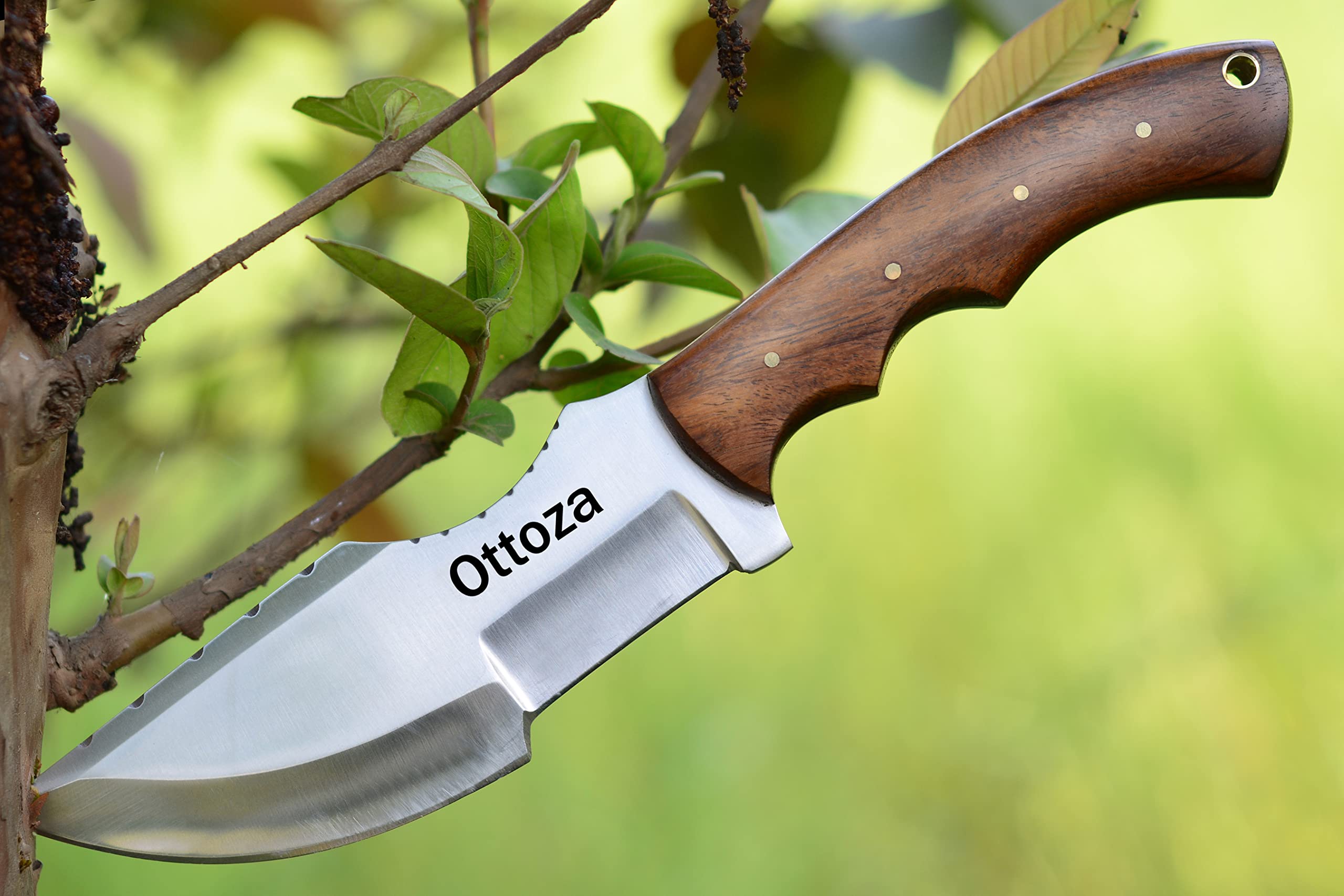 Ottoza Tracker Knife, D2 Steel Fixed Blade Hunting Knife with Wood Handle & Sheath, Full Tang Survival Knife for Men - No:116