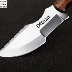 Ottoza Tracker Knife, D2 Steel Fixed Blade Hunting Knife with Wood Handle & Sheath, Full Tang Survival Knife for Men - No:116