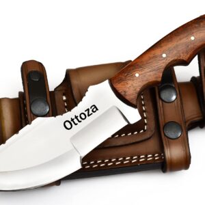 Ottoza Tracker Knife, D2 Steel Fixed Blade Hunting Knife with Wood Handle & Sheath, Full Tang Survival Knife for Men - No:116