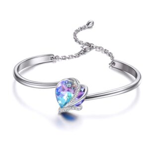 aoboco love heart bangle bracelet sterling silver women bracelet embellished with blue-purple crystals from austria, fine anniversary birthday i love you jewelry gifts for wife girlfriend daughter