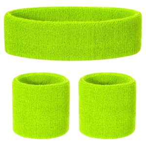 onupgo kids sweatbands headband wristband set - athletic cotton sweat band for sports (1 headband + 2 wristbands) (neon green)