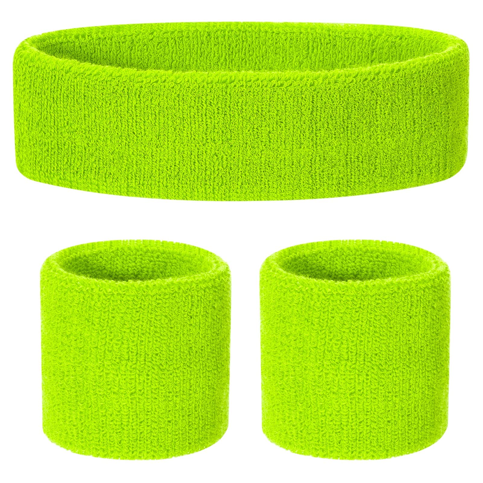 ONUPGO Kids Sweatbands Headband Wristband Set - Athletic Cotton Sweat Band for Sports (1 Headband + 2 Wristbands) (Neon Green)