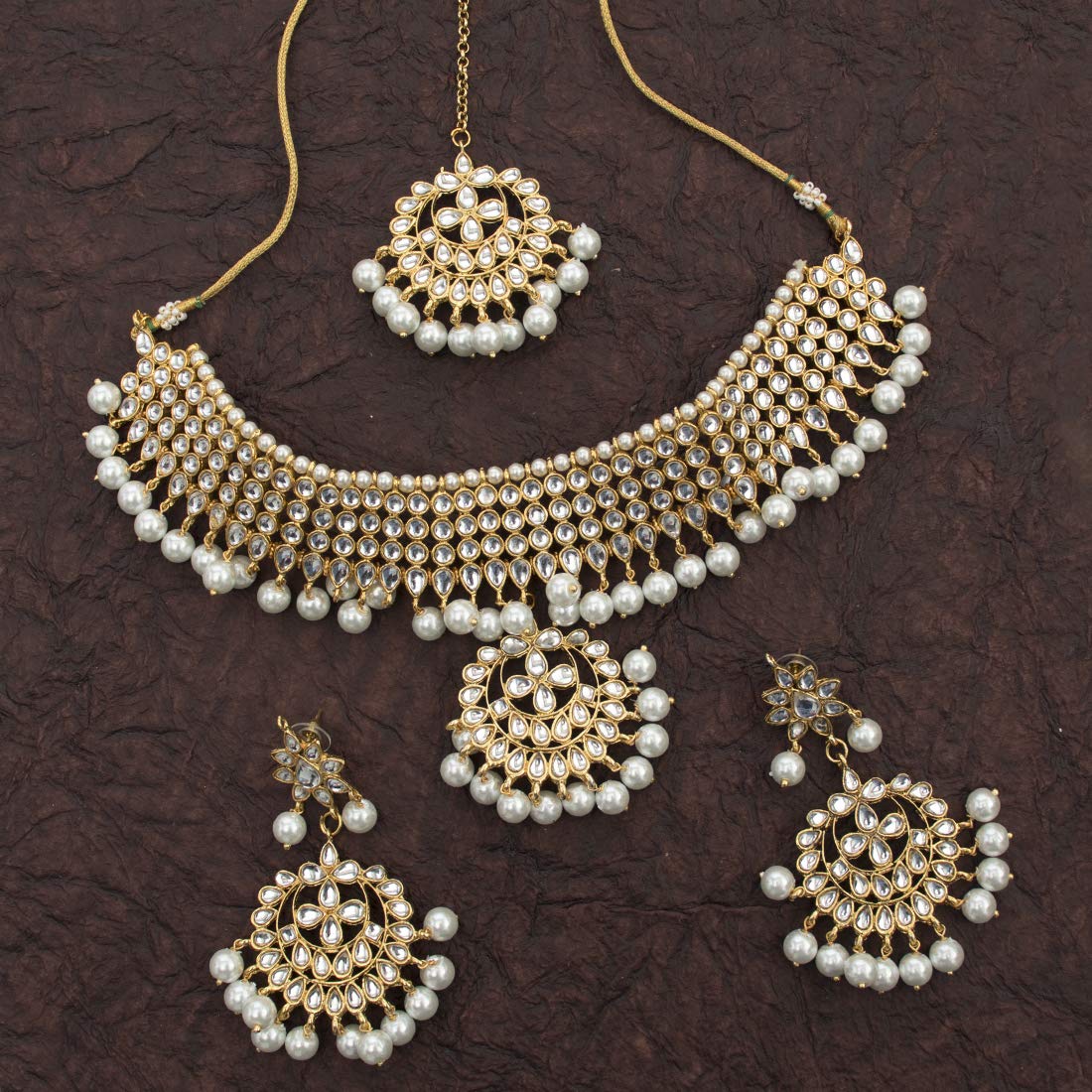 Aheli Kundan Pearls Designer Necklace Earrings Maang Tikka Set Indian Traditional Ethnic Engagement Wedding Party Wear Jewelry for Women