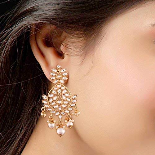 Aheli Indian Chandelier Pearl Beaded Dangle Big Earrings Ethnic wear Bollywood style Perfect for Wedding, Party Fashion Jewelry for Women