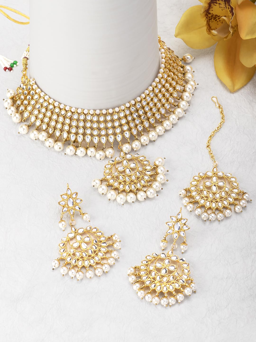 Aheli Kundan Pearls Designer Necklace Earrings Maang Tikka Set Indian Traditional Ethnic Engagement Wedding Party Wear Jewelry for Women