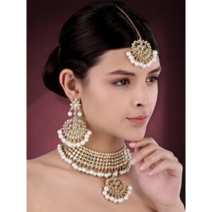 Aheli Kundan Pearls Designer Necklace Earrings Maang Tikka Set Indian Traditional Ethnic Engagement Wedding Party Wear Jewelry for Women