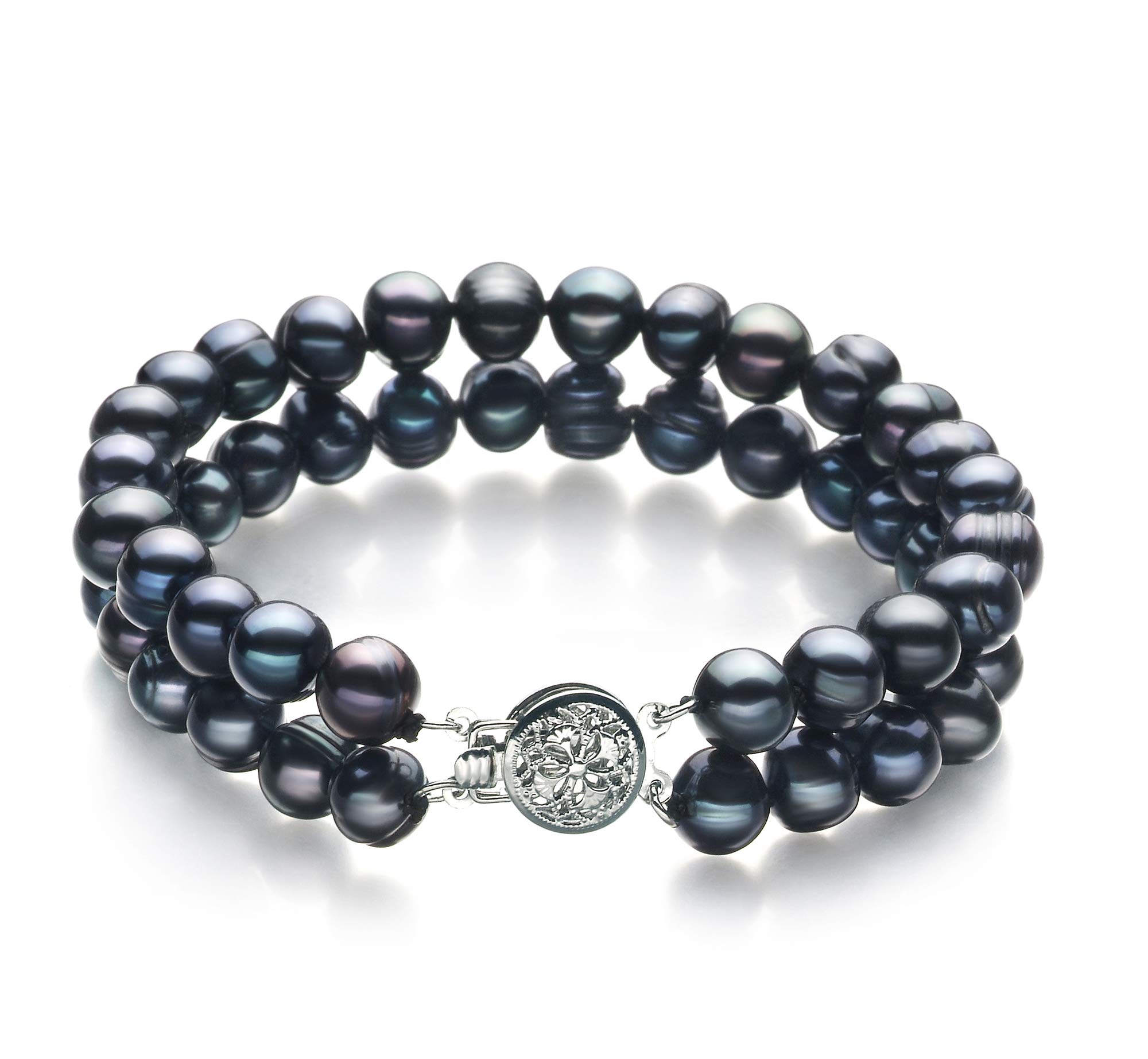 Lavinia Black 6-7mm Double Strand A Quality Freshwater 925 Sterling Silver Cultured Pearl Bracelet-8 in length