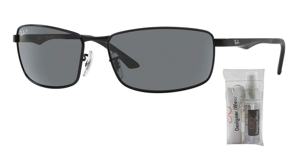 Ray-Ban RB3498 006/81 61M Matte Black/Grey Polarized Rectangular Sunglasses For Men+ BUNDLE with Designer iWear Eyewear Kit