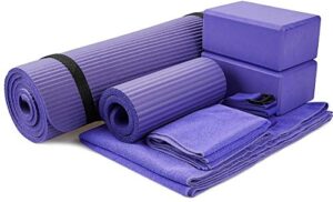 balancefrom 7-piece set - include yoga mat with carrying strap, 2 yoga blocks, yoga mat towel, yoga hand towel, yoga strap and yoga knee pad (purple, 1/2"-thick mat)