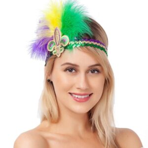 Myjoyday Women's Fascinators, Feathers Tea Party Hat, Veil Headband with Hair Clip for Cocktail Church (Yellow & Purple & Green)