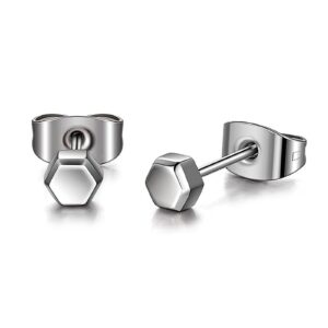 tgnel pure titanium earrings hexagon studs earring charms polished, small fashion helix cartilage geometric earrings for women men sensitive ears