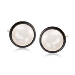 ross-simons 10mm cultured pearl and black onyx earrings in 14kt yellow gold