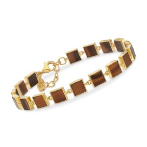 ross-simons tiger eye square-link bracelet in 18kt gold over sterling. 7.5 inches