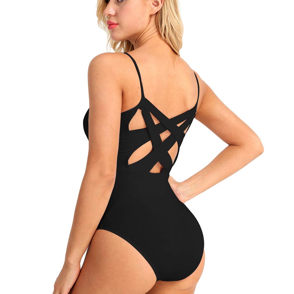 ACSUSS Women's V-neck Ballet Dance Leotard Criss Cross Back Strappy Camisole Bodysuit Black Small