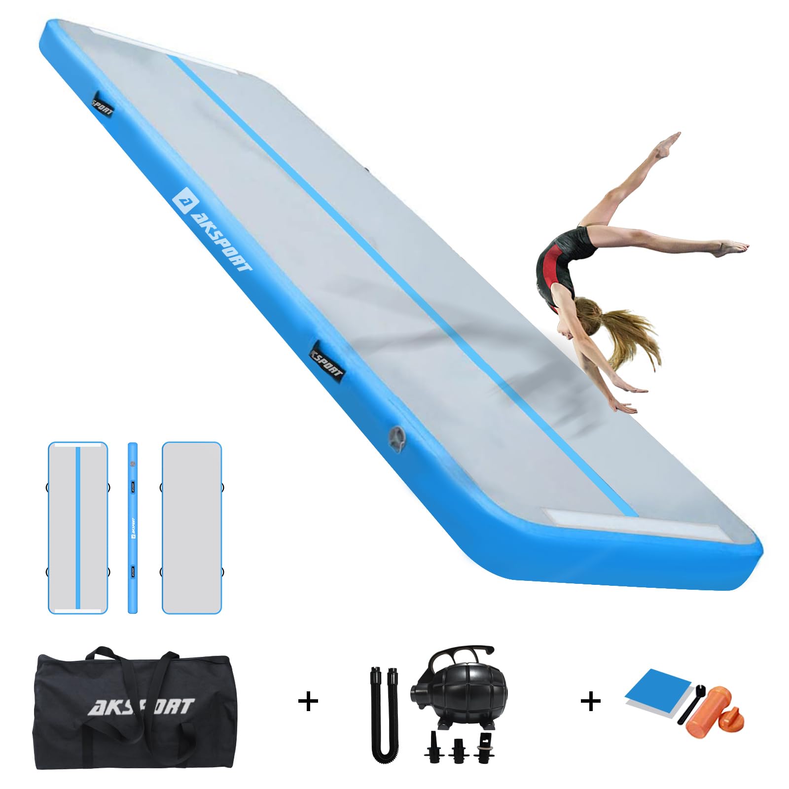 AKSPORT 10ft Air Mat Tumble Track Tumbling Mat for Gymnastics Inflatable Gym Mats with Air Pump for Home Use Cheerleading Training (light blue)