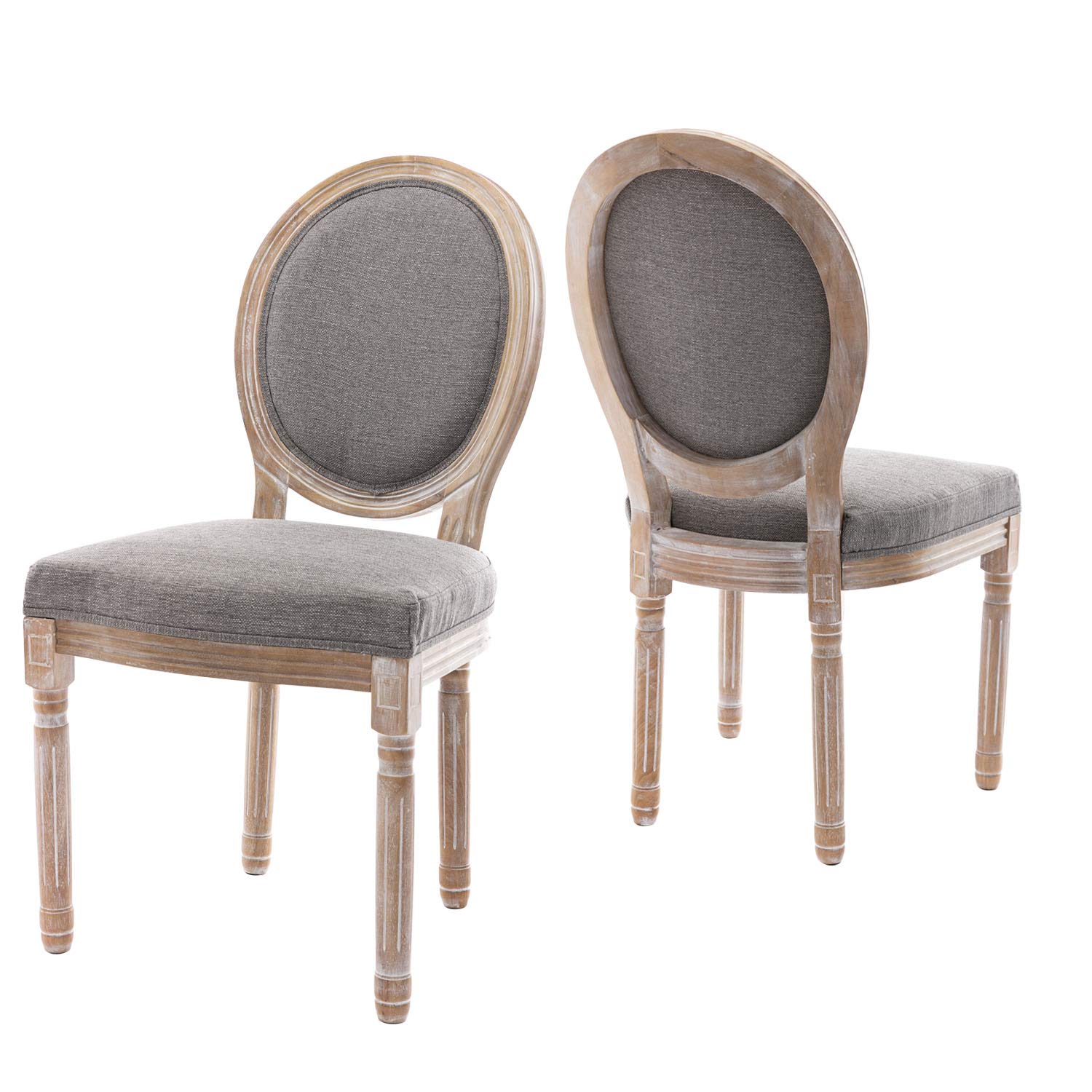 Kmax Farmhouse Dining Room Chairs, French Distressed Bedroom Chairs with Round Back, Elegant Tufted Kitchen Chairs, Set of 2, Gray