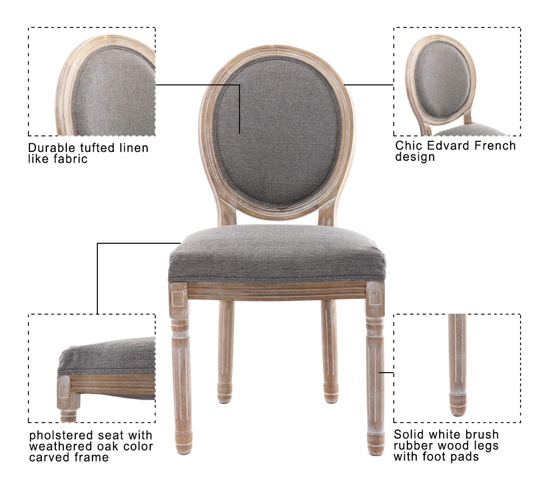 Kmax Farmhouse Dining Room Chairs, French Distressed Bedroom Chairs with Round Back, Elegant Tufted Kitchen Chairs, Set of 2, Gray