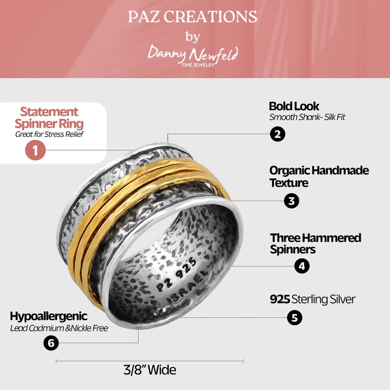 Paz Creations 925 Sterling Silver Spinner Rings for Women and Men - Statement Ring - Artisan Jewelry Fidget Rings, Boho Rotating Rings, Handcrafted Meditation Ring, 14K Yellow Gold, Size 9