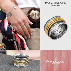 Paz Creations 925 Sterling Silver Spinner Rings for Women and Men - Statement Ring - Artisan Jewelry Fidget Rings, Boho Rotating Rings, Handcrafted Meditation Ring, 14K Yellow Gold, Size 9