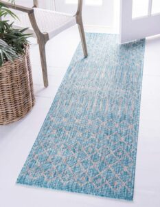 unique loom outdoor trellis collection area rug - tribal trellis (2' x 6' 1" runner, aqua/ ivory)