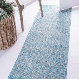 Unique Loom Outdoor Trellis Collection Area Rug - Tribal Trellis (2' x 6' 1" Runner, Aqua/ Ivory)