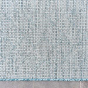 Unique Loom Outdoor Trellis Collection Area Rug - Tribal Trellis (2' x 6' 1" Runner, Aqua/ Ivory)