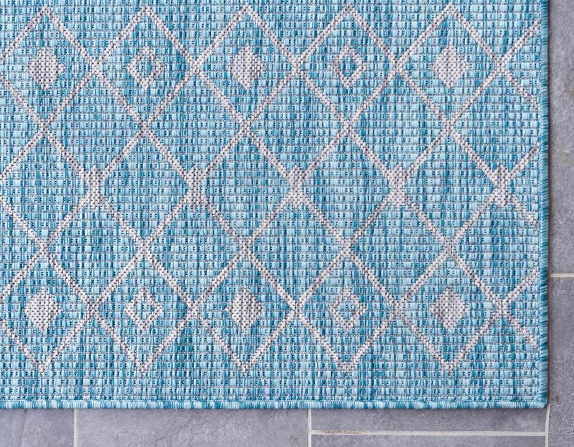 Unique Loom Outdoor Trellis Collection Area Rug - Tribal Trellis (2' x 6' 1" Runner, Aqua/ Ivory)