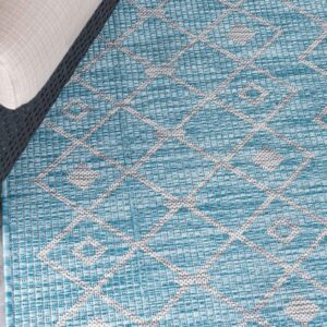 Unique Loom Outdoor Trellis Collection Area Rug - Tribal Trellis (2' x 6' 1" Runner, Aqua/ Ivory)