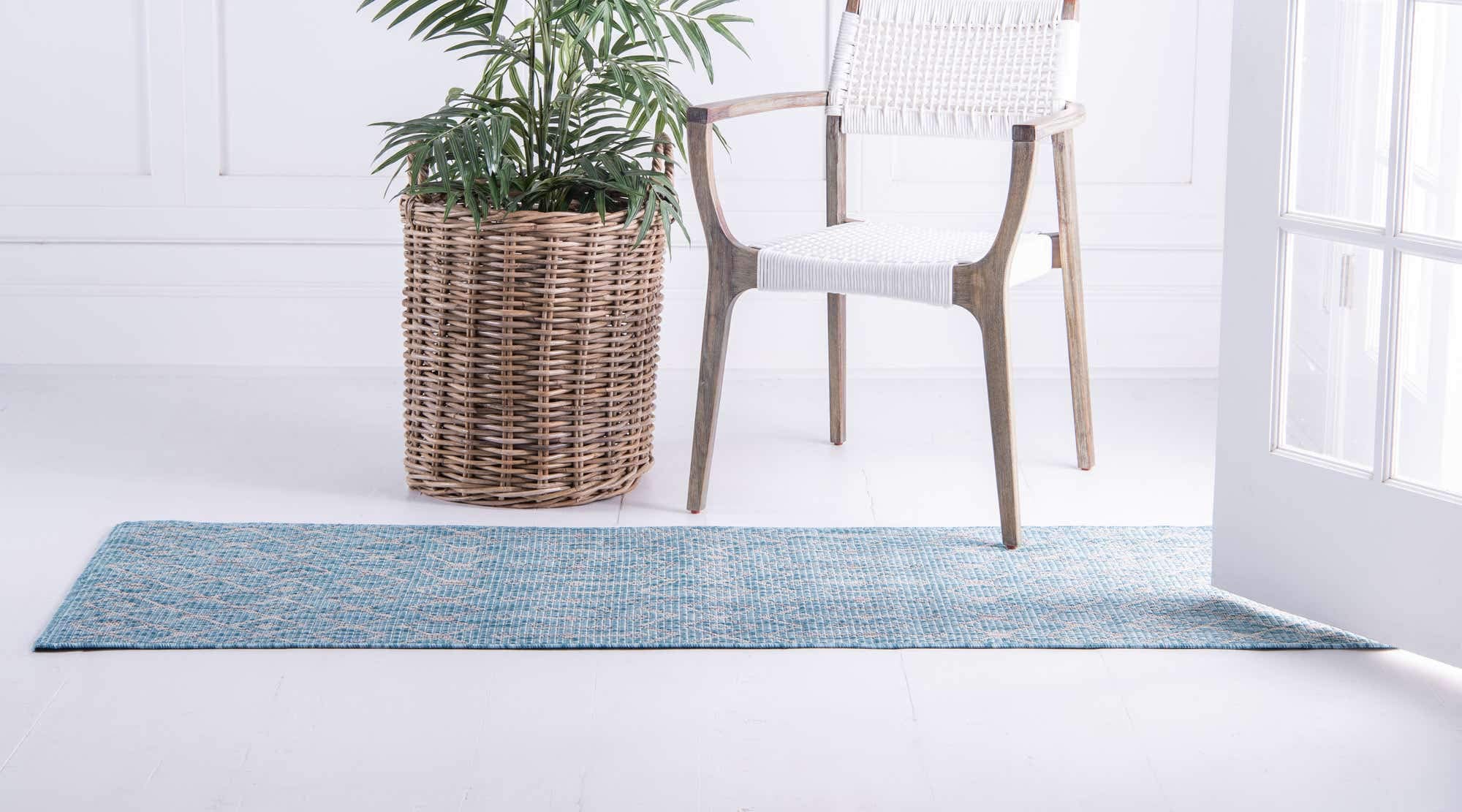 Unique Loom Outdoor Trellis Collection Area Rug - Tribal Trellis (2' x 6' 1" Runner, Aqua/ Ivory)