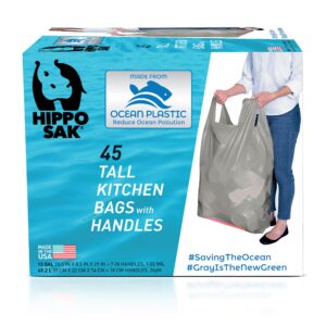 hippo sak - tall kitchen garbage bags with ergonomic handles - 13 gallon trash bags made from recycled ocean bound plastic - super strong and leak proof tall kitchen trash bags (45 count)